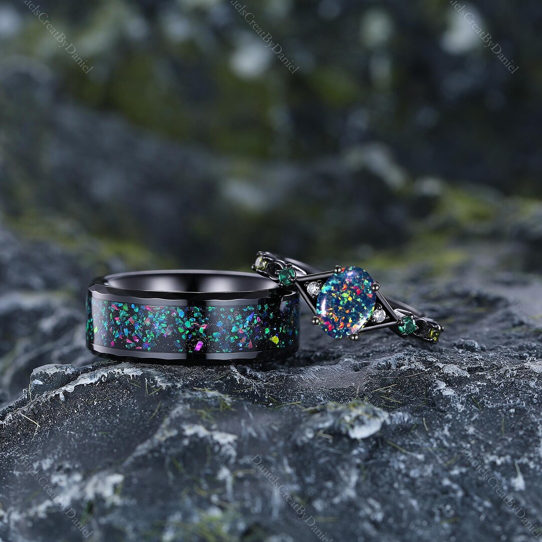 Black Opal Couple Ring Set Men and Women Black Gold Wedding Ring Set ...
