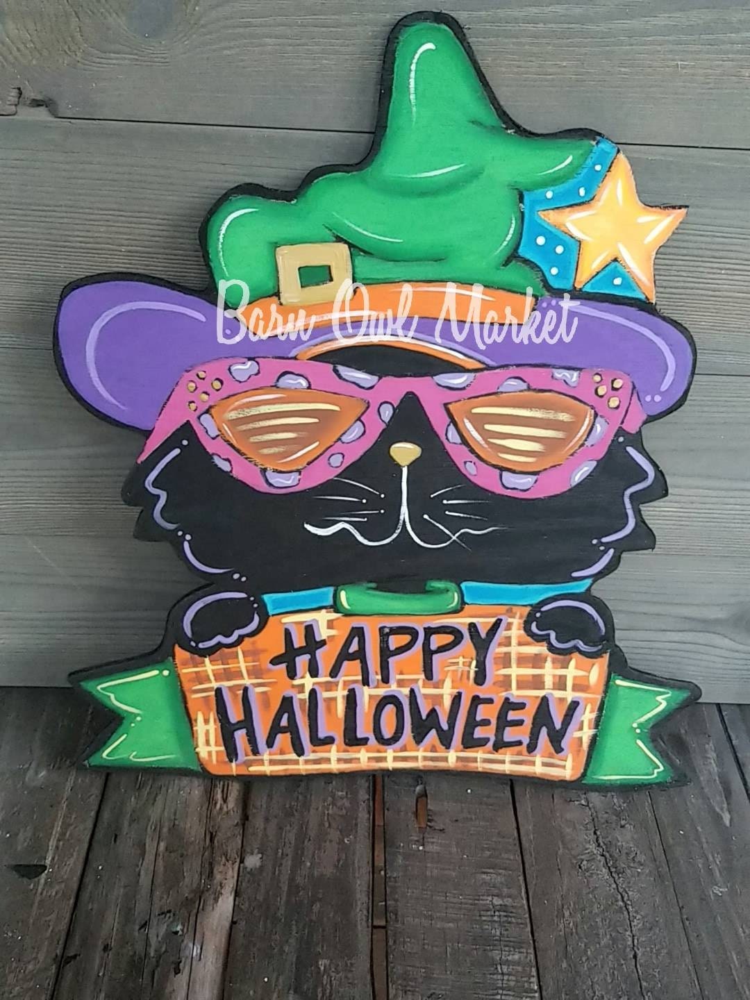 Black Cat With Witch Hat Door Hanger Halloween Witchy Cat - Etsy