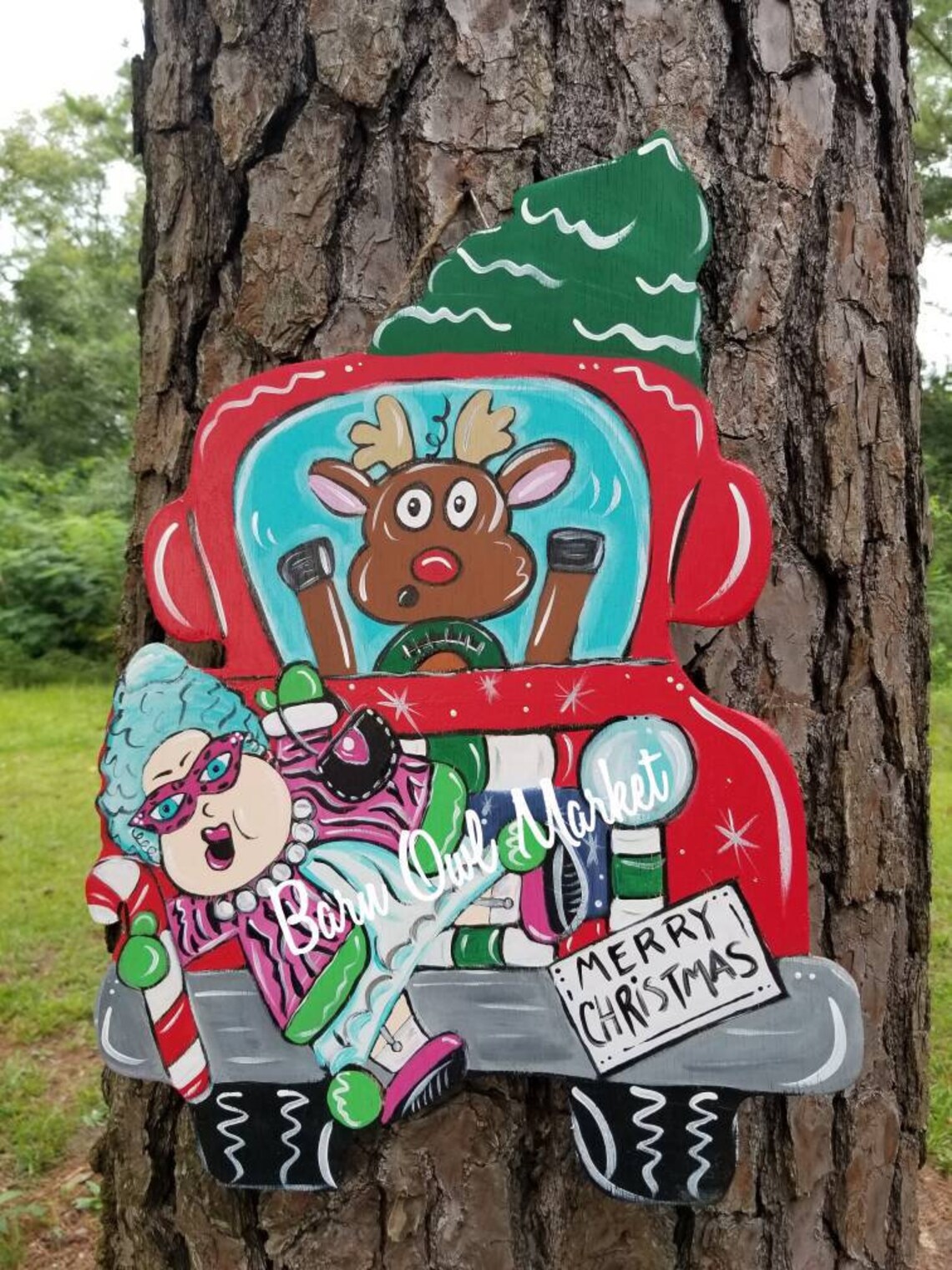 Reindeer And Grandma Christmas Door Hanger Reindeer Driving Etsy Uk