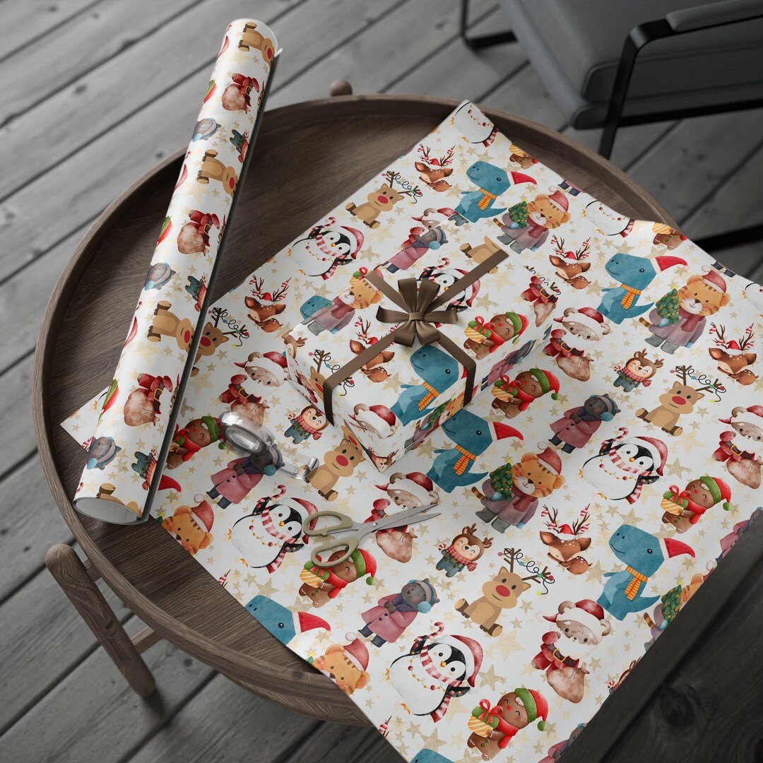 Christmas Cartoon Wrapping Paper, Dino, Deer, Bear, Rabbit, Santa Gift ...