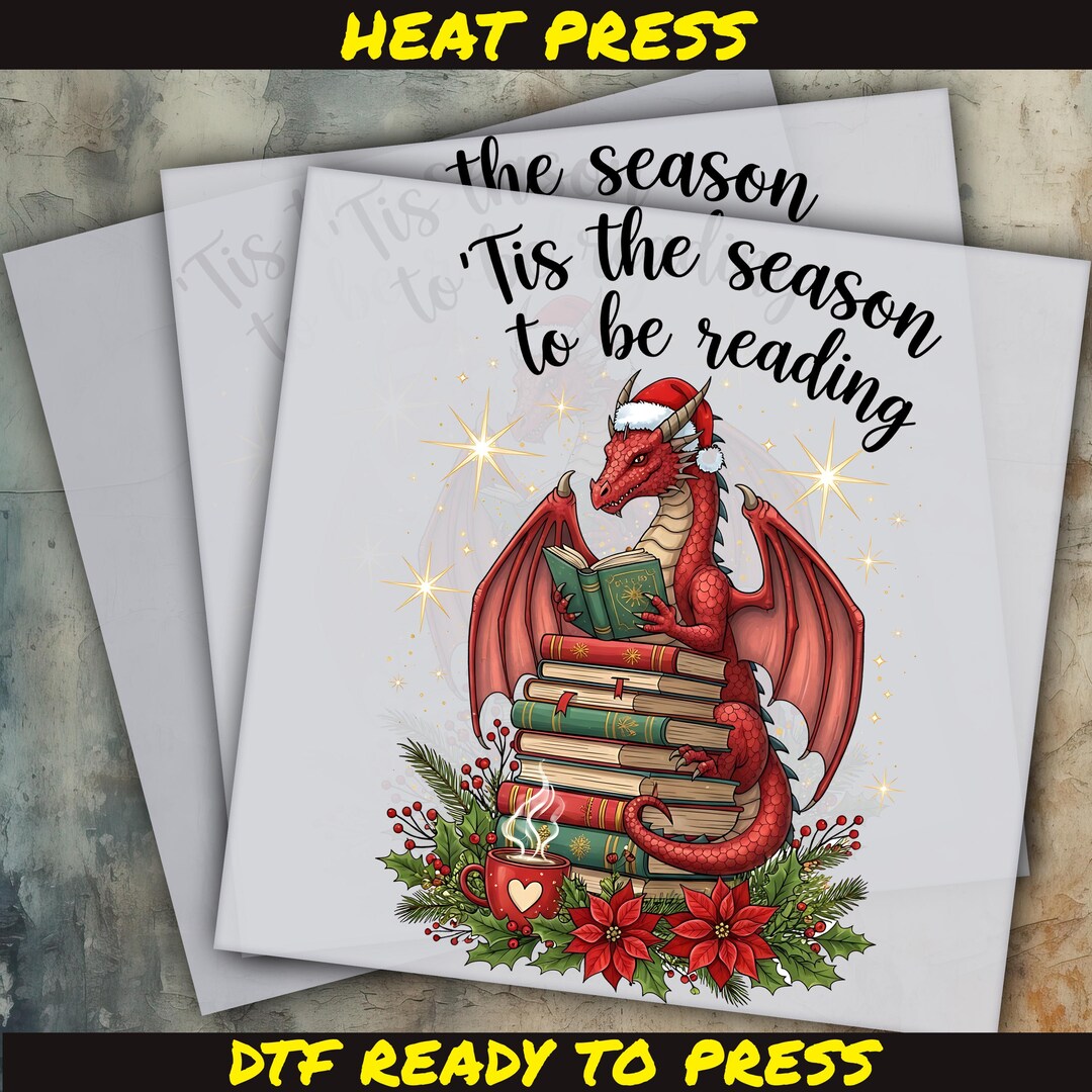 Dragon Reading Christmas DTF Heat Transfer for Bookish, Book Lover ...