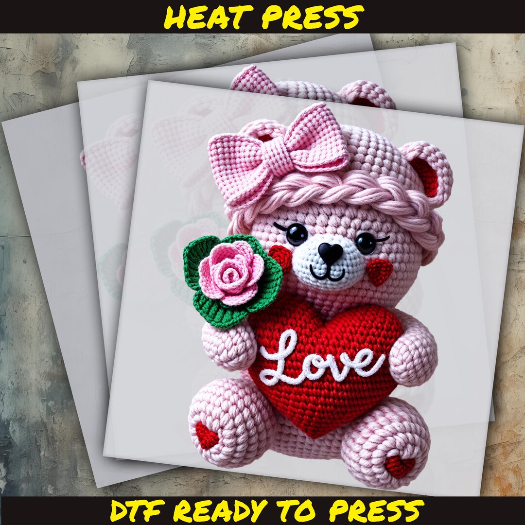 Faux Yarn Cute Pink Bear Heart DTF Heat Transfer, Faux Crocket Love ...