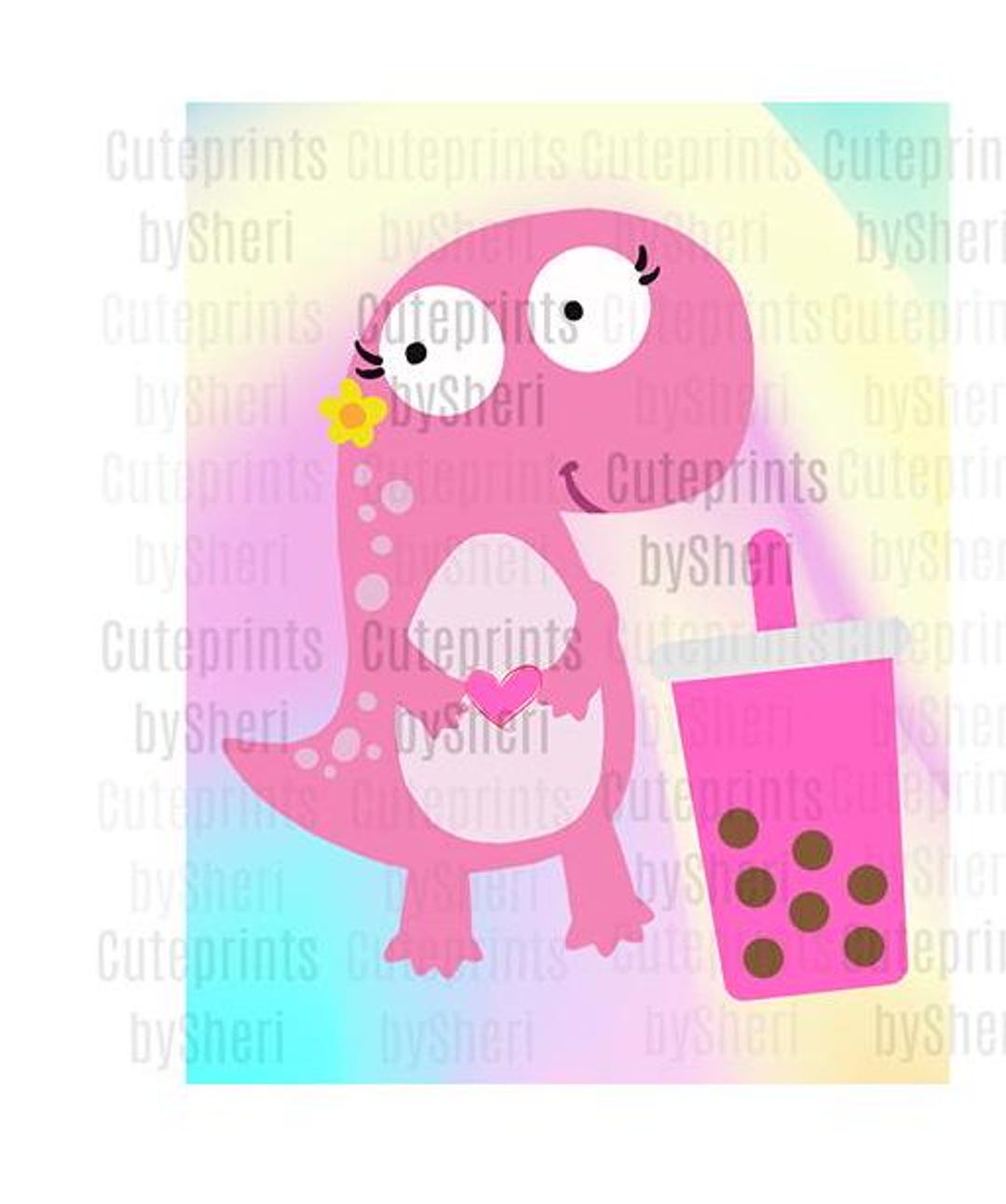 Pink Dino Boba Drink Dinosaur Children Art Pink Dinosaur Kawaii Boba ...