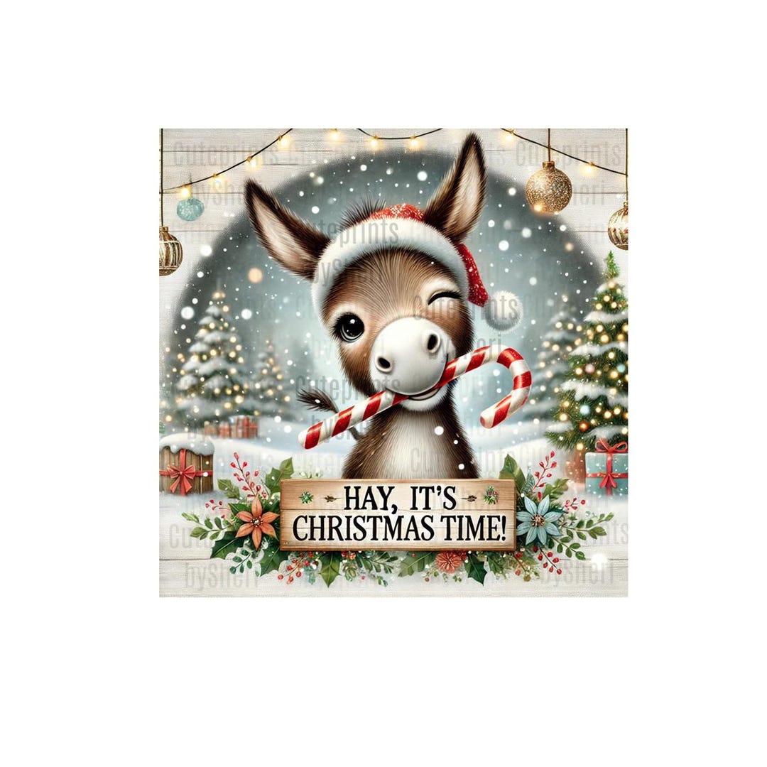 Winking Donkey With Santa Hat and Candy Cane Hay, It's Christmas Time ...