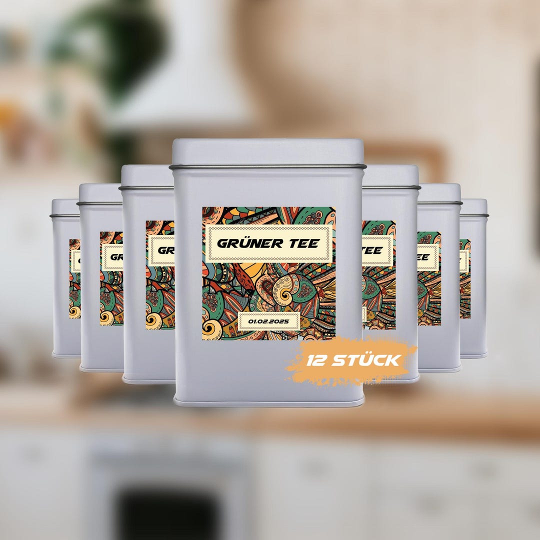 Set of 12 Tea Tins for Loose Tea 100g, Including Labels, Spice Storage ...