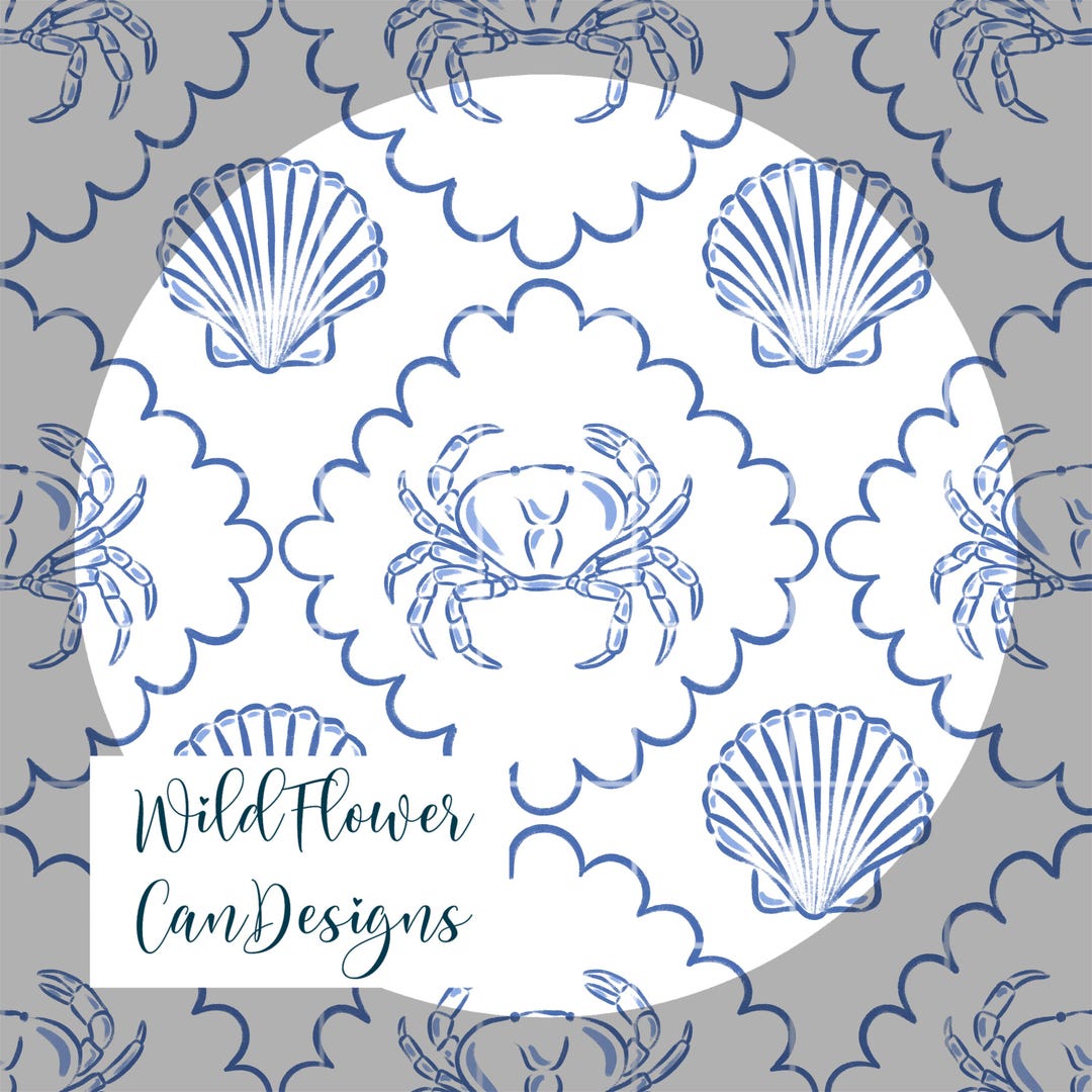 Blue Crab and Seashell Line Art Pattern - Hand Drawn PNG File - Summer ...