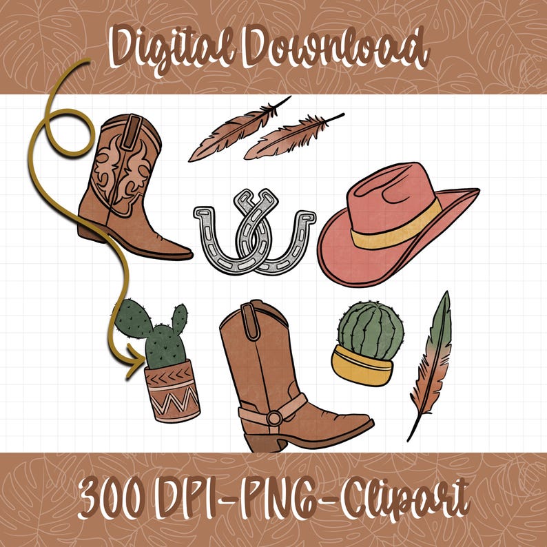 Boho Cowgirl Clipart Cowboy Boot Hat Feathers Design Glass Can Clipart ...