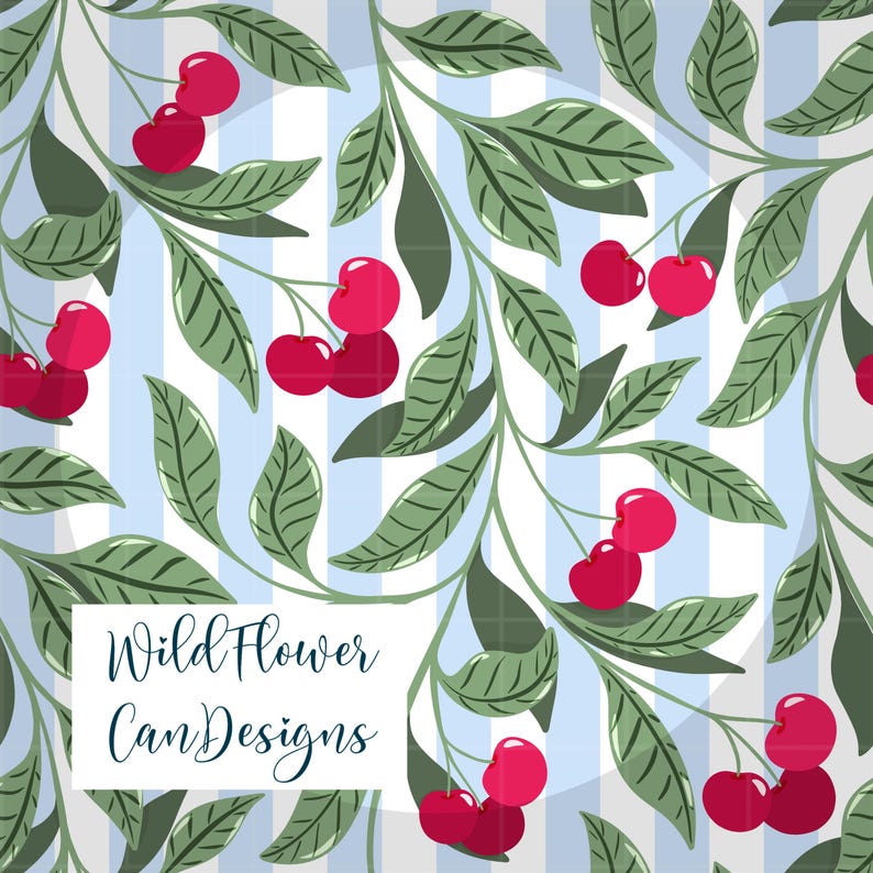 Blue and White Striped Cherry Pattern - Hand Drawn Digital Download ...