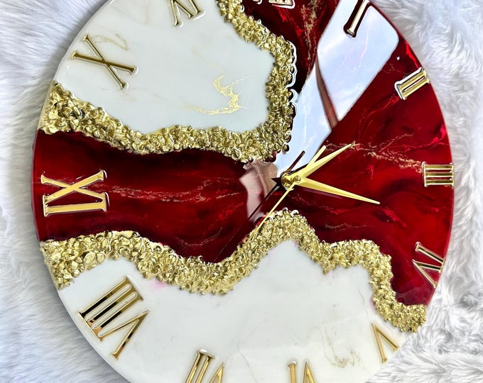 Resin Red Wall Clock, Resin Art Clock, Red Gold Geode Painting, Resin ...