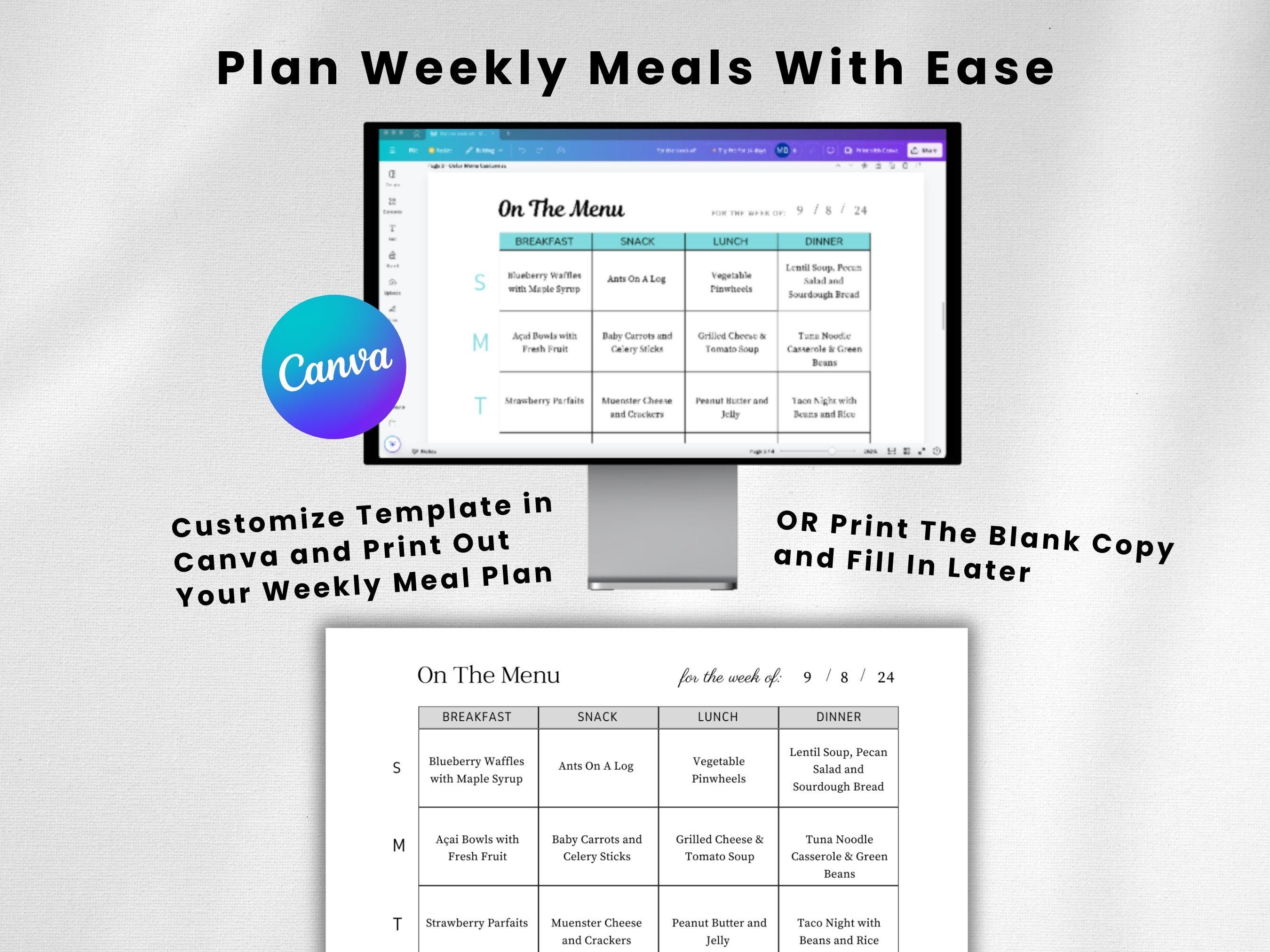 Weekly Meal Plan Template, Menu Planner, Food Planning, Canva Template ...