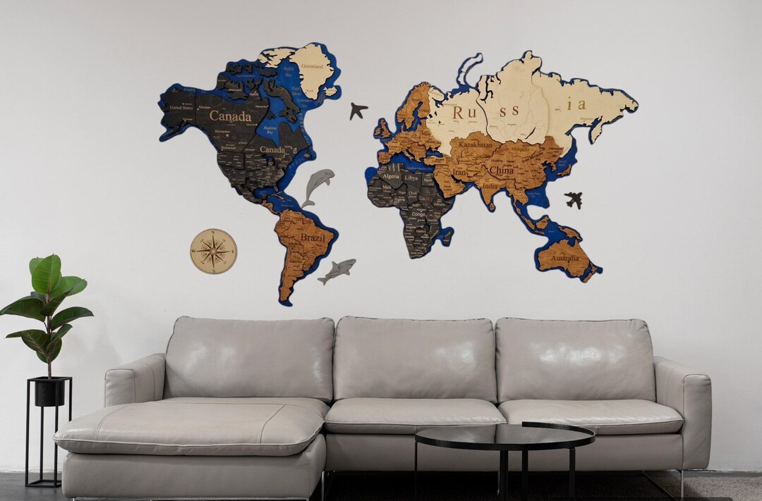 3D Wood World Map Living Room Decor, Travel Map With Pins, Map of the ...