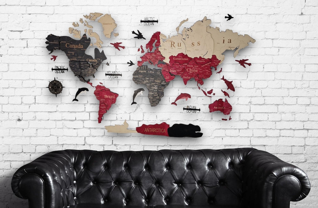3D Wood World Map Living Room Decor, Travel Map With Pins, Map of the ...