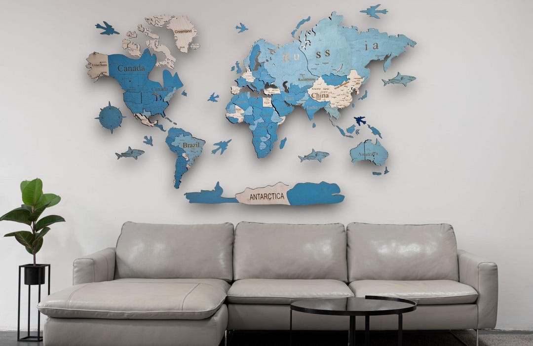 3D Wood World Map Living Room Decor, Travel Map With Pins, Map of the ...