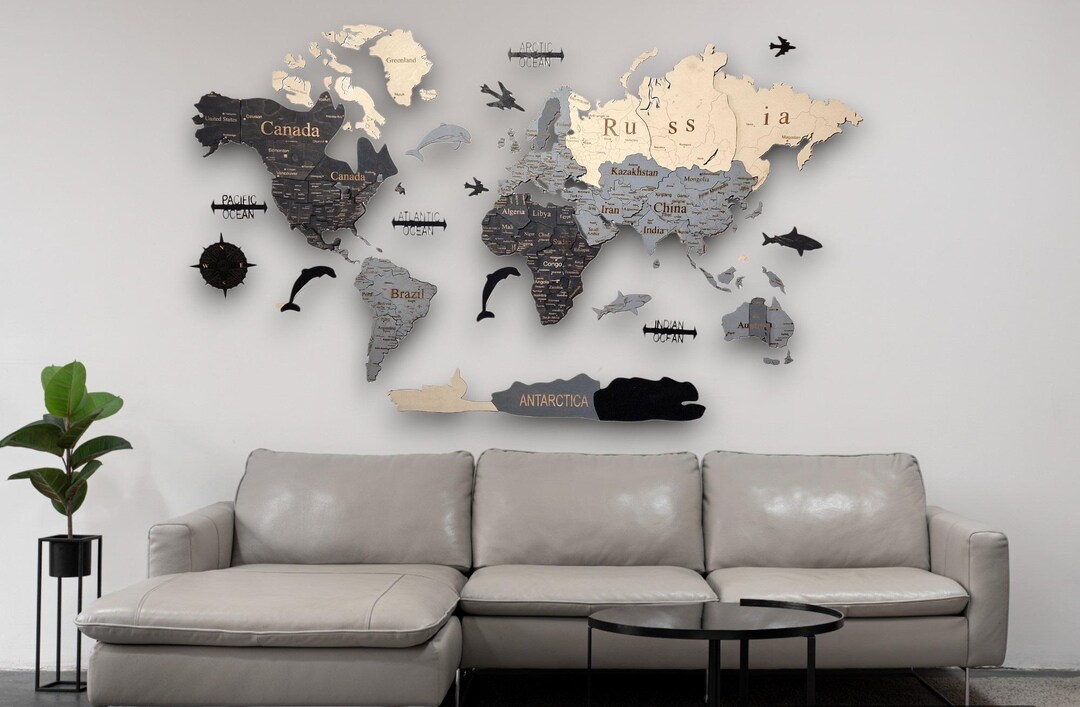3D Wood World Map Living Room Decor, Travel Map With Pins, Map of the ...