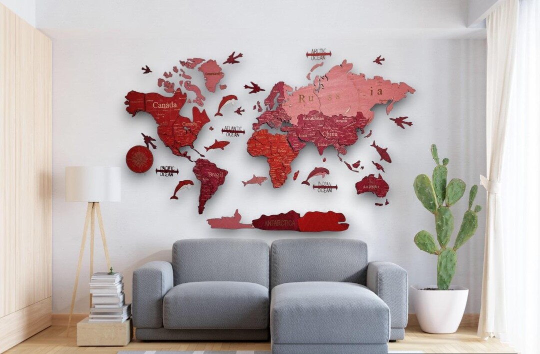 3D Wood World Map Living Room Decor, Travel Map With Pins, Map of the ...