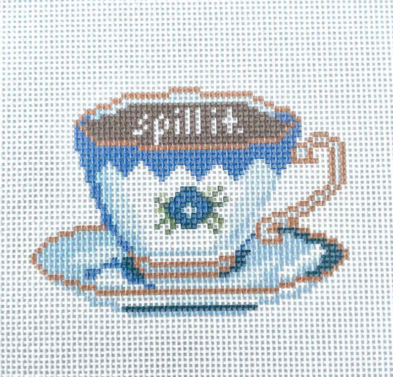 Blue Teacup Spill It Printed Needlepoint Canvas - Etsy