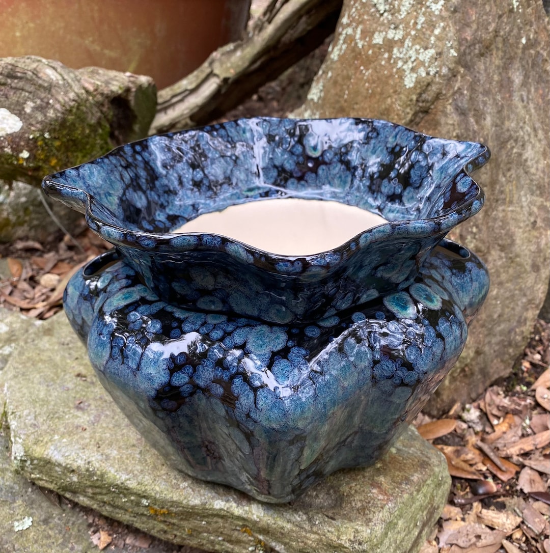 Large Ceramic African Violet Pot, Obsidian Black Cobalt Blue, Self ...