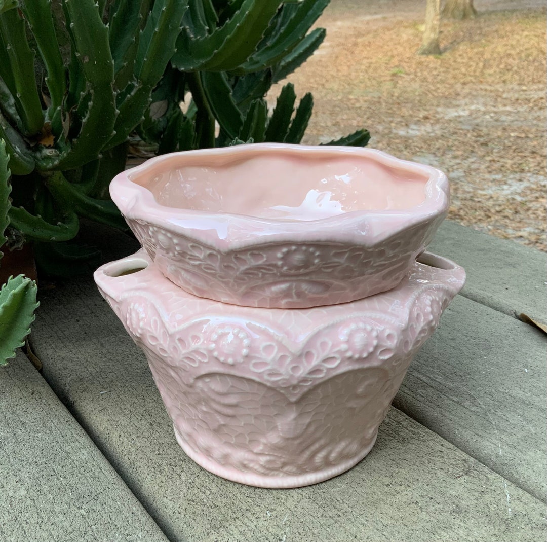 African Violet Planter, Pot, Self Watering, Lace, Pale Pink, Ceramic ...