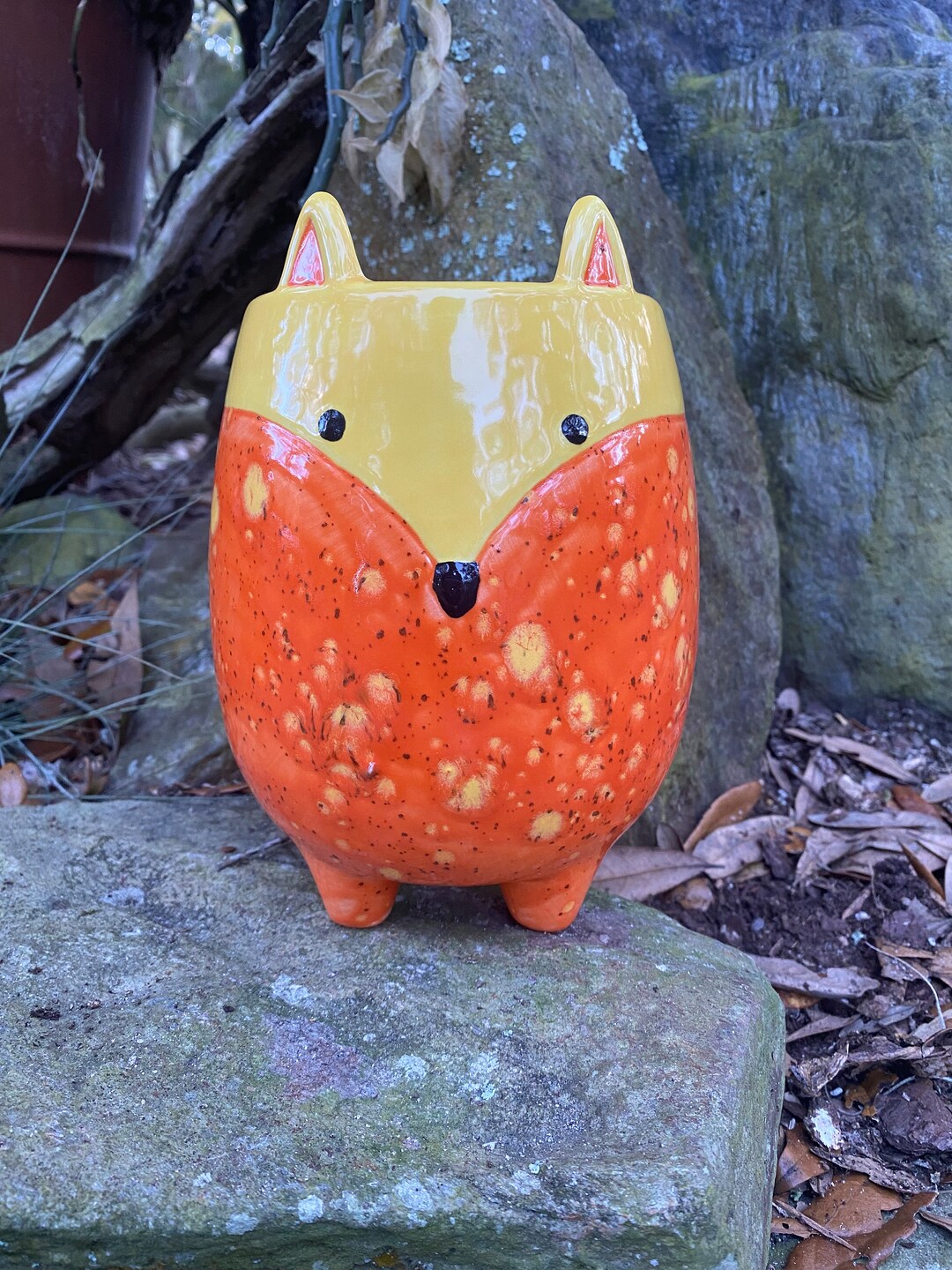 Ceramic Fox Planter, Flower Pot, Cactus Planter, Drain Hole, Orange ...