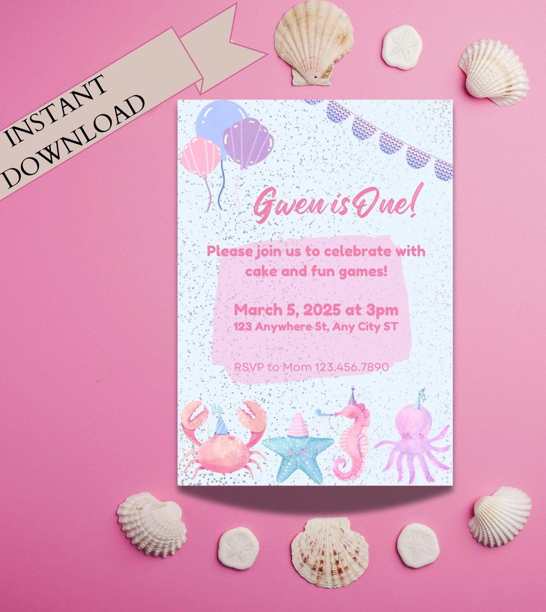 Sea Creatures Birthday Invitation Template, Girls Birthday, Under the ...