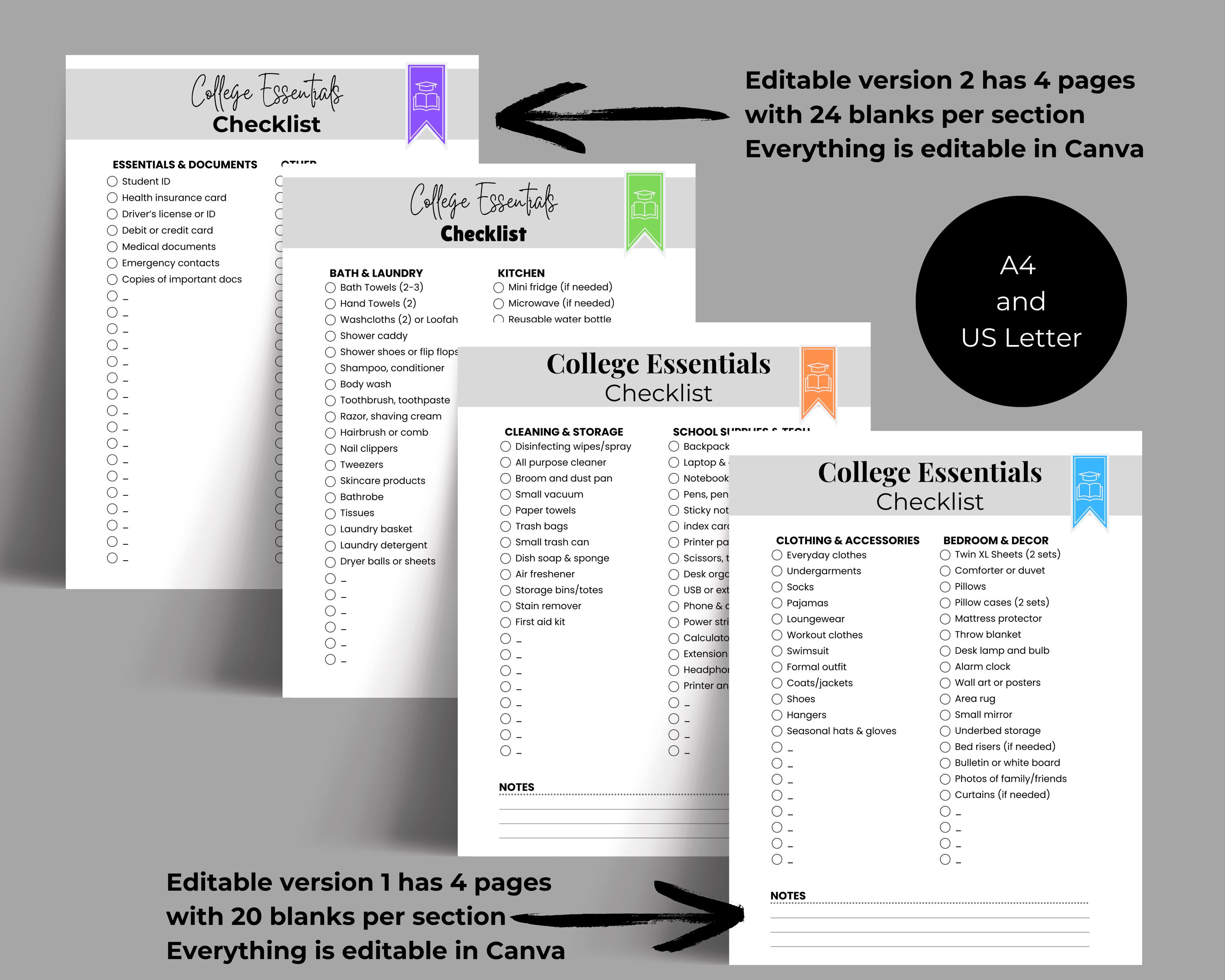Editable Dorm Room Moving Checklist, College Packing List Printable ...