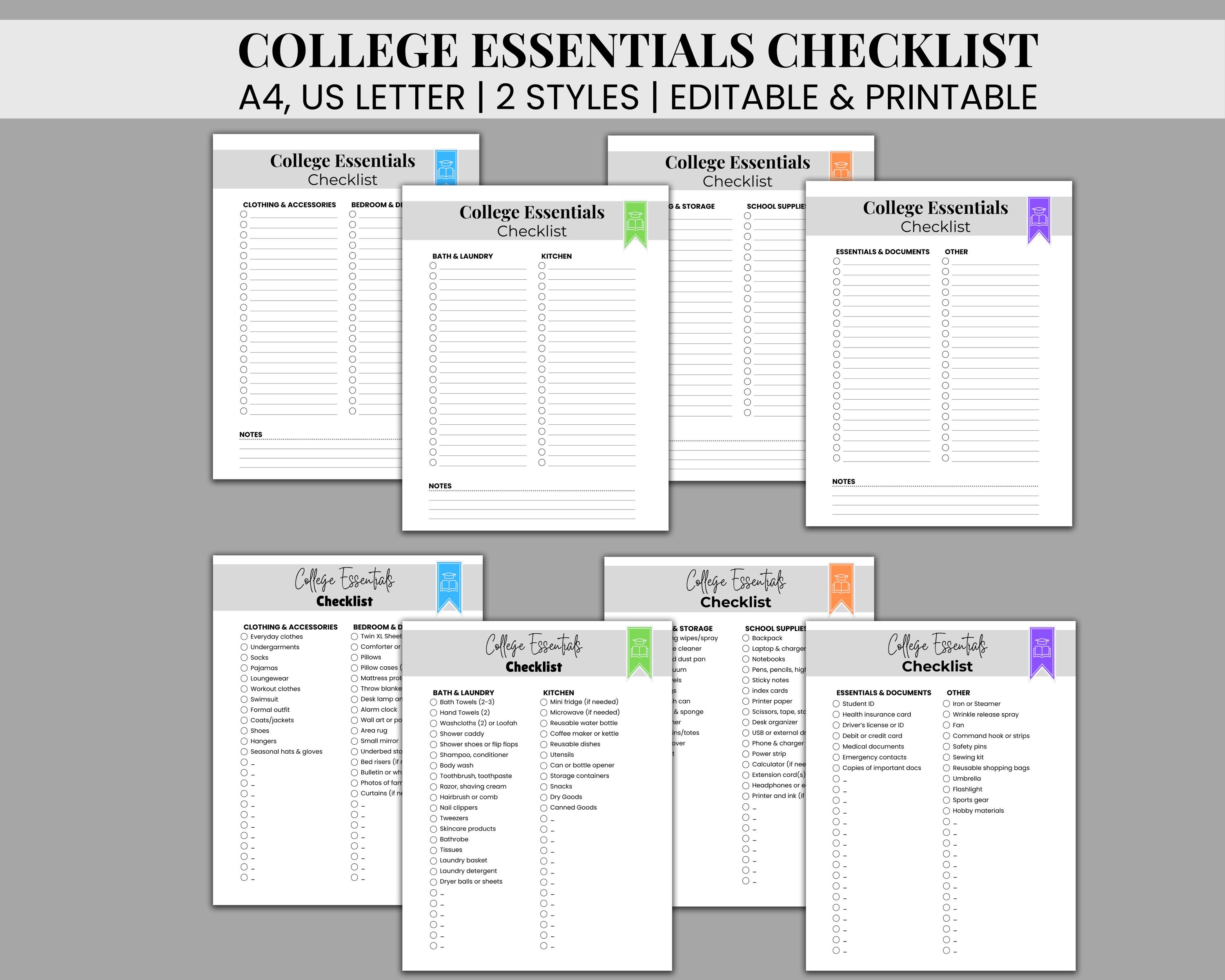 Editable Dorm Room Moving Checklist, College Packing List Printable ...