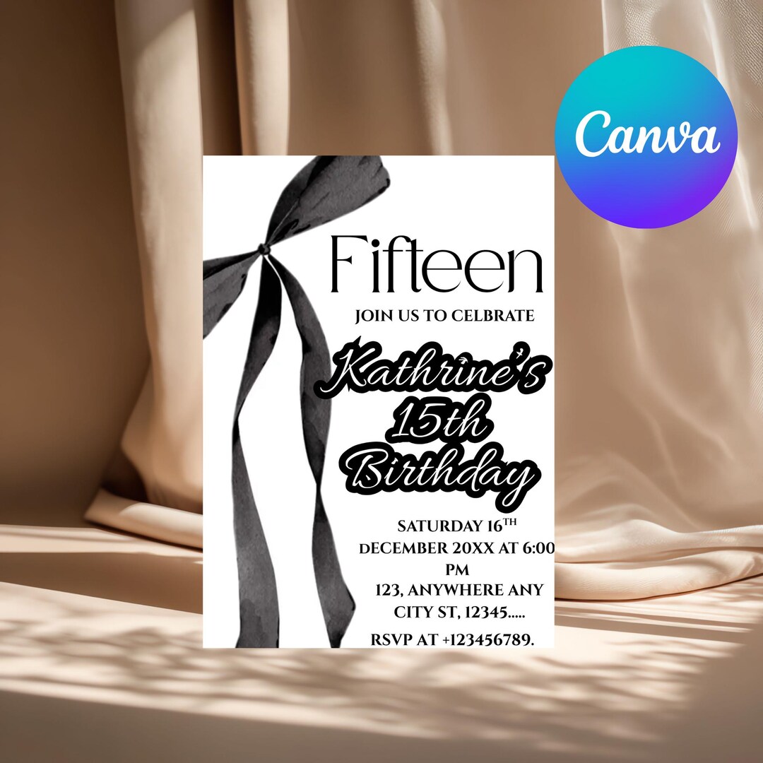 Minimalist 15th Birthday Invitation Elegant Black and White Design ...