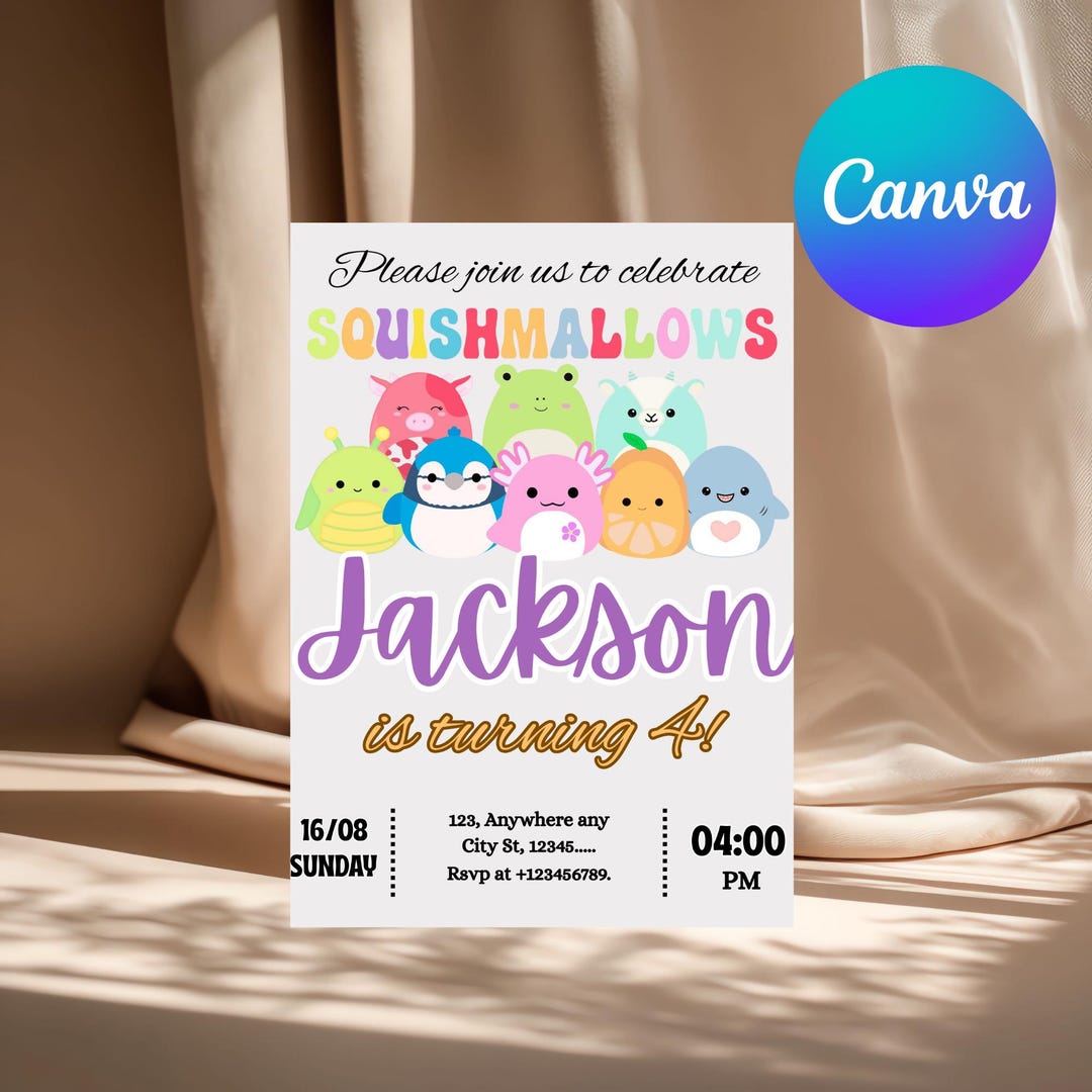Editable Squishmallow Birthday Invitation: Printable Canva Template ...