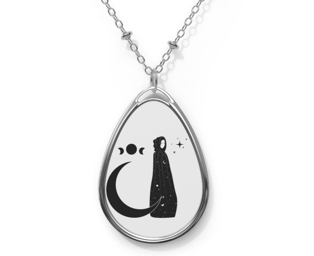 Wiccan Jewerly, Oval Necklace, Witch in a Black Cape, Crescent Moon ...
