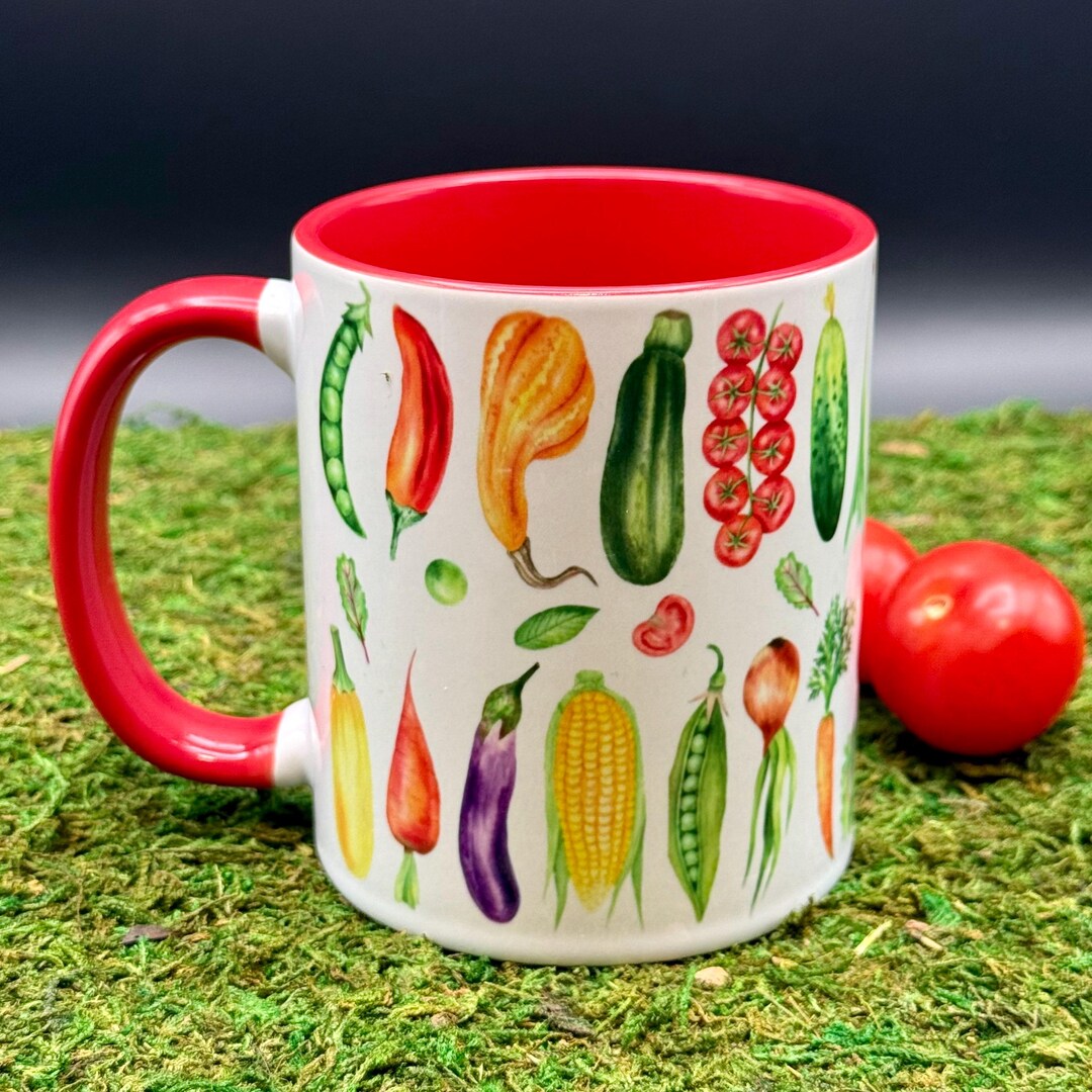 Veggie Mug 11oz, Colorful Two Toned Ceramic Coffee Cup With Watercolor ...