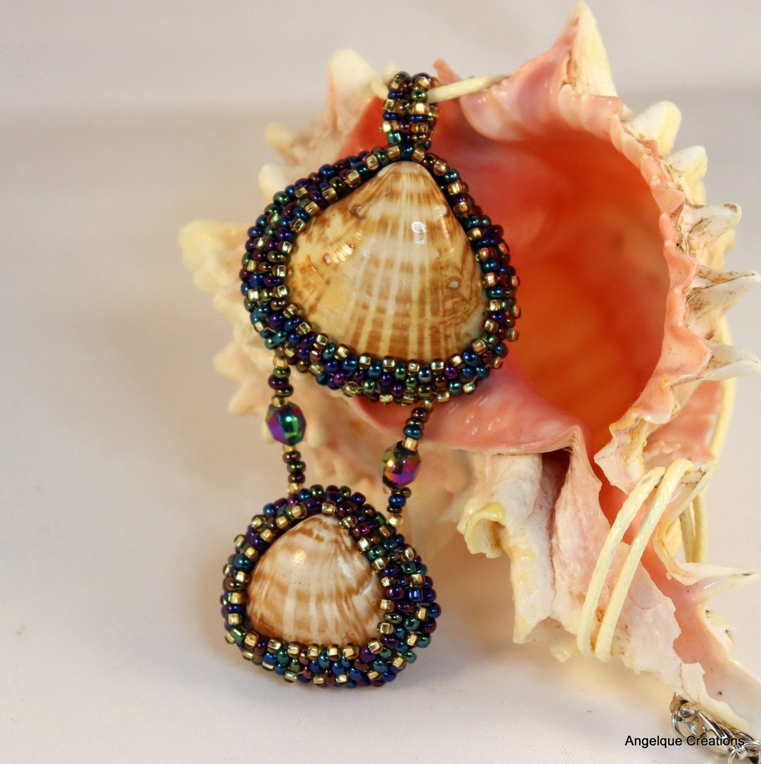 Pendant, 2 Butter Cockle Clam Shell With Brown and Blue Seed Beads ...
