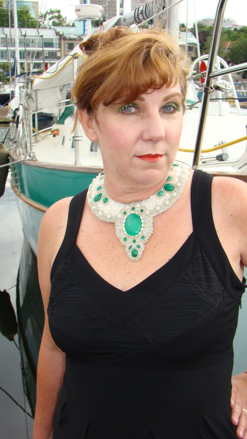 Angelique Bead Embroidered Choker Collar, Green Moss Agate, Fresh Water ...