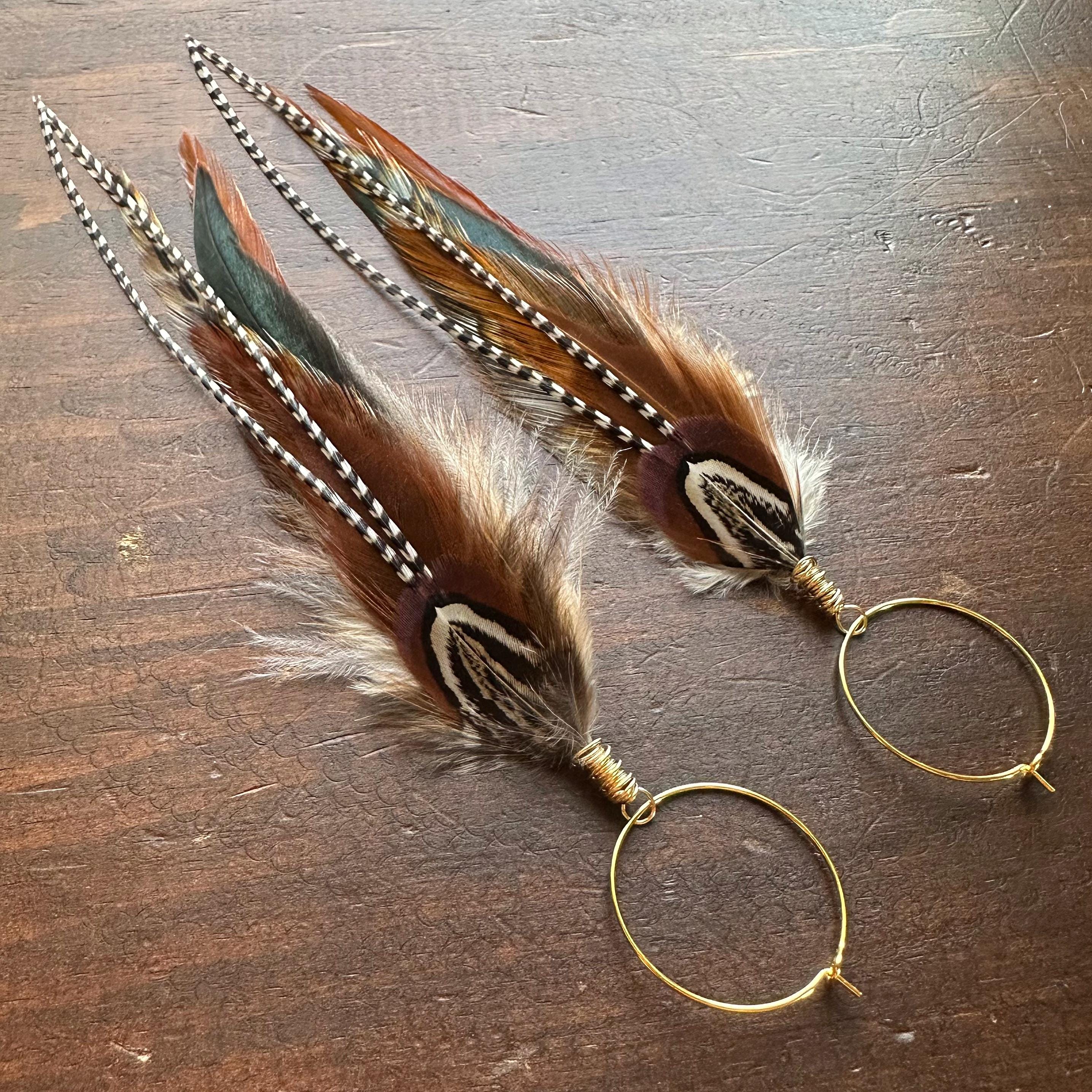 Real Feather Earrings - Black and Brown Feather Earrings on 25mm Hoops ...