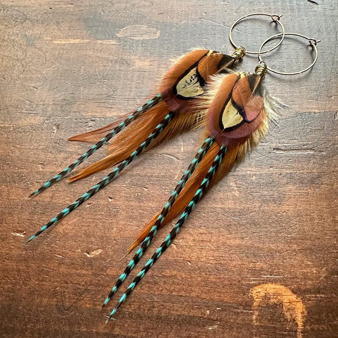 Real Feather Earrings - Brown and Blue Feather Earrings on 25mm Hoops ...