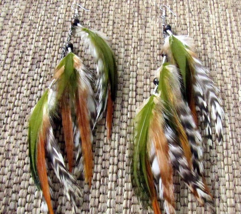 Long Feather Earrings Olive Green Feather Earrings | Etsy