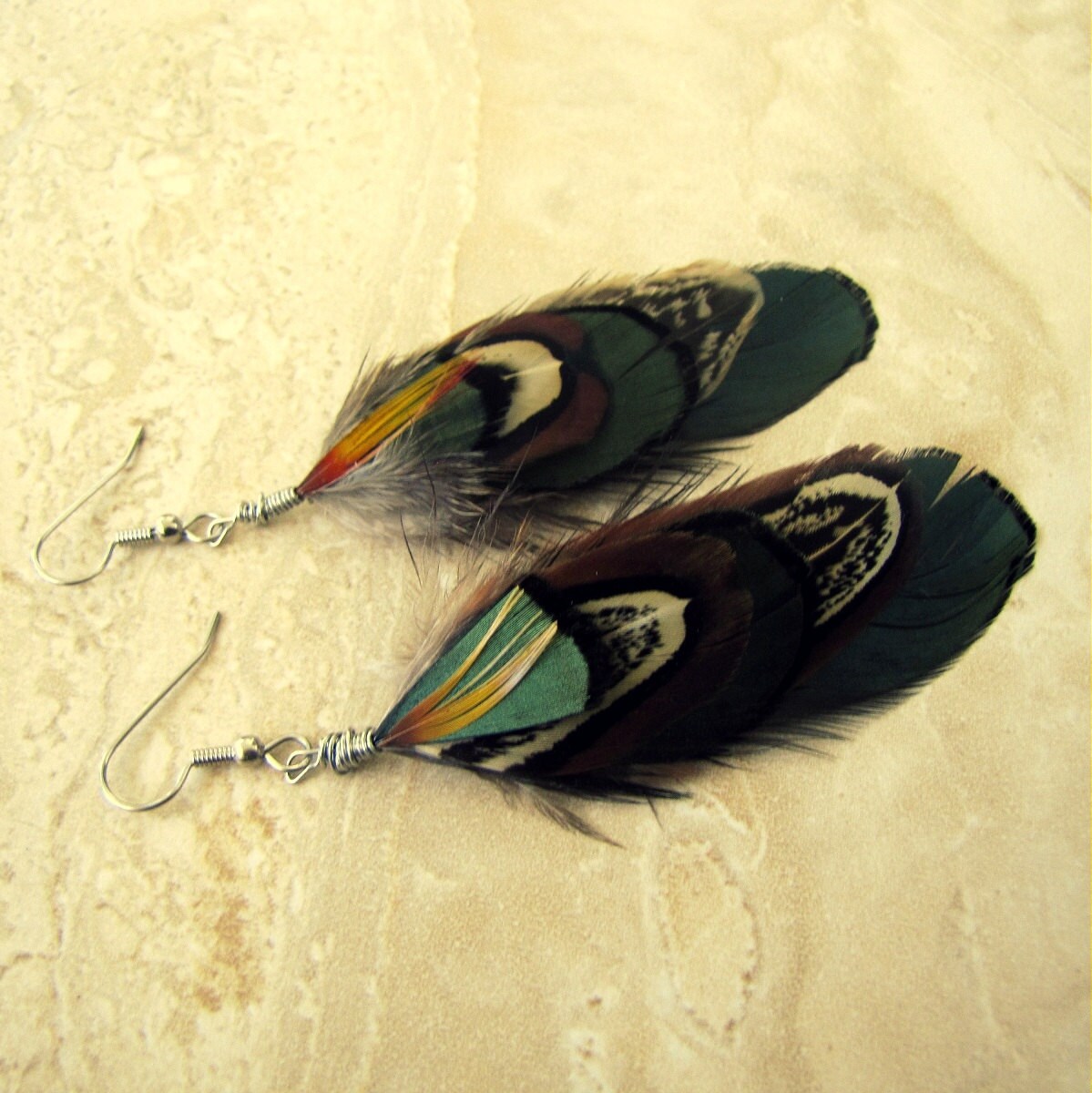 Feather Earrings Brown and Green Pheasant Feather Earrings | Etsy