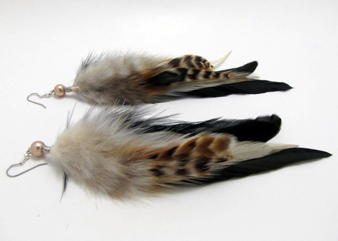 Feather Earrings Beaded Rooster Feather Earrings Long - Etsy