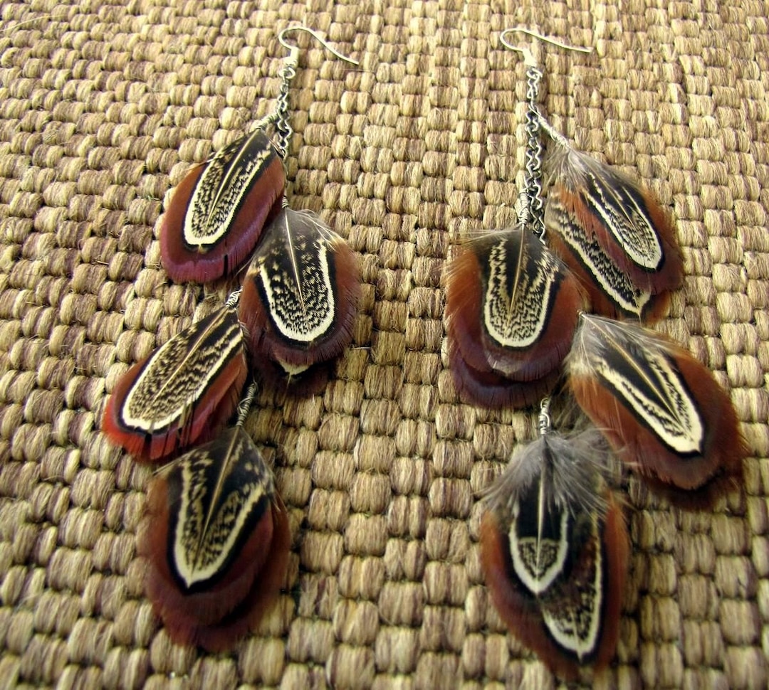 Pheasant Feather Earrings - Natural Brown and Black Feather Earrings ...