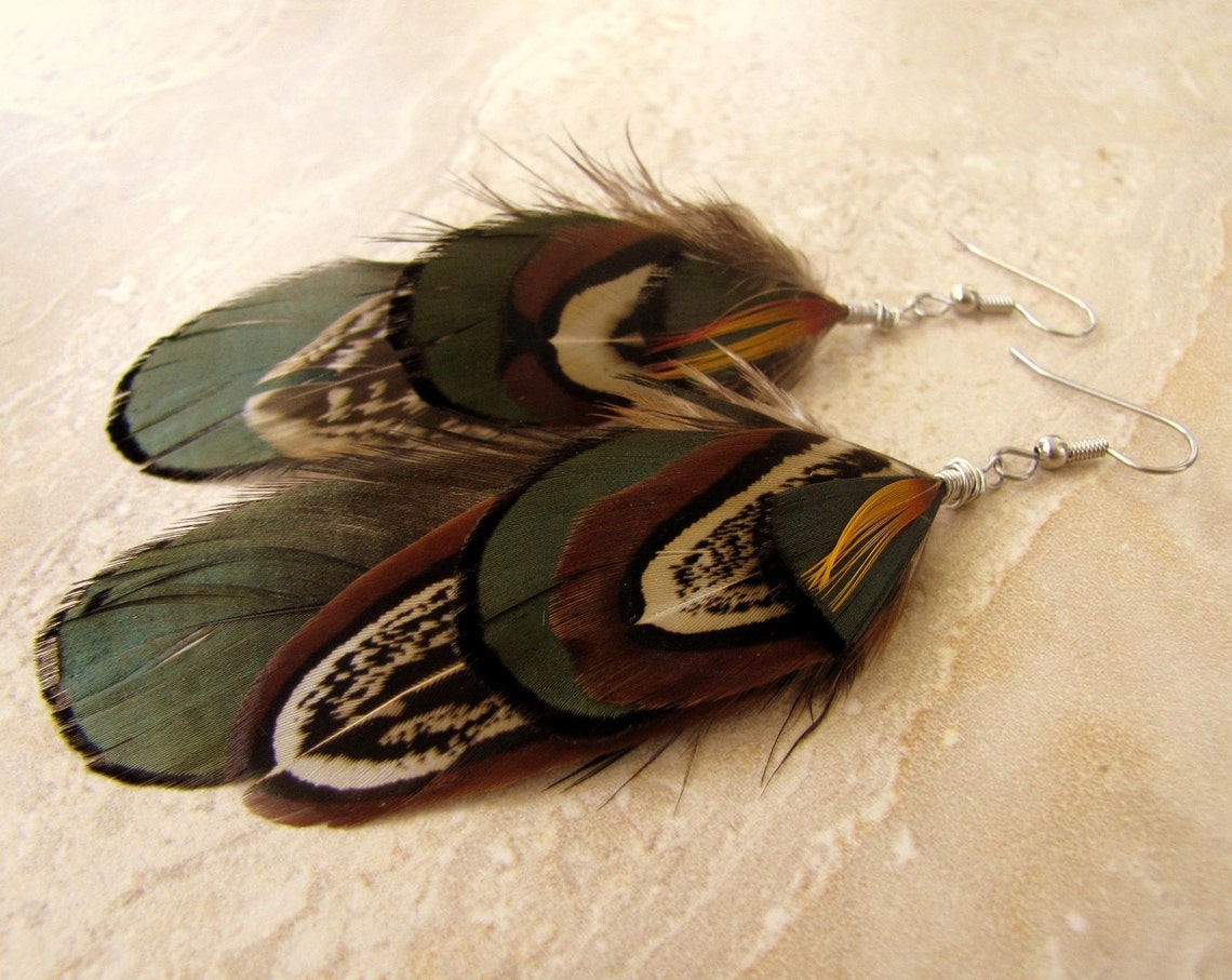 Feather Earrings Brown and Green Pheasant Feather Earrings - Etsy