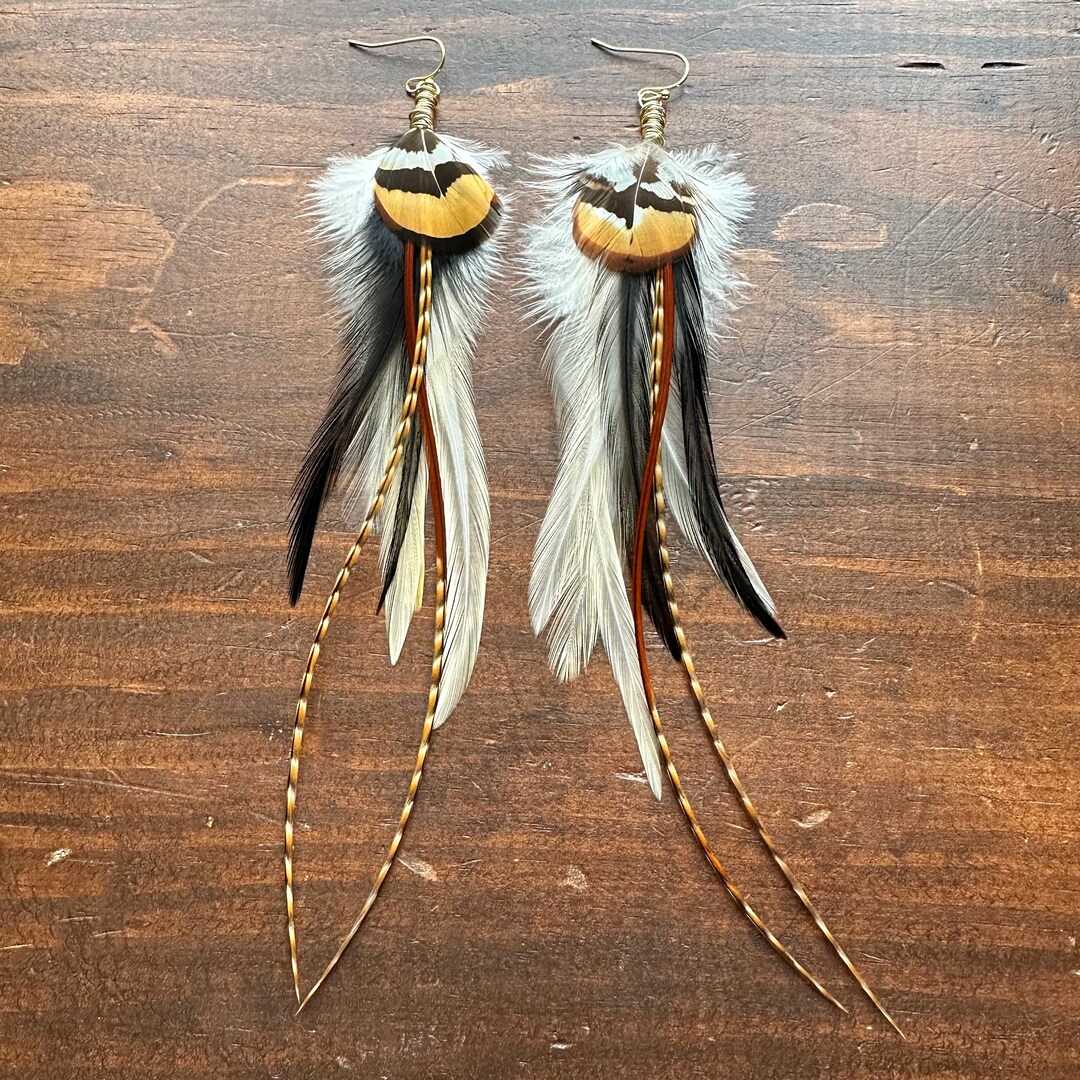 Long Feather Earrings Peachy White Black and Brown Feather Earrings ...