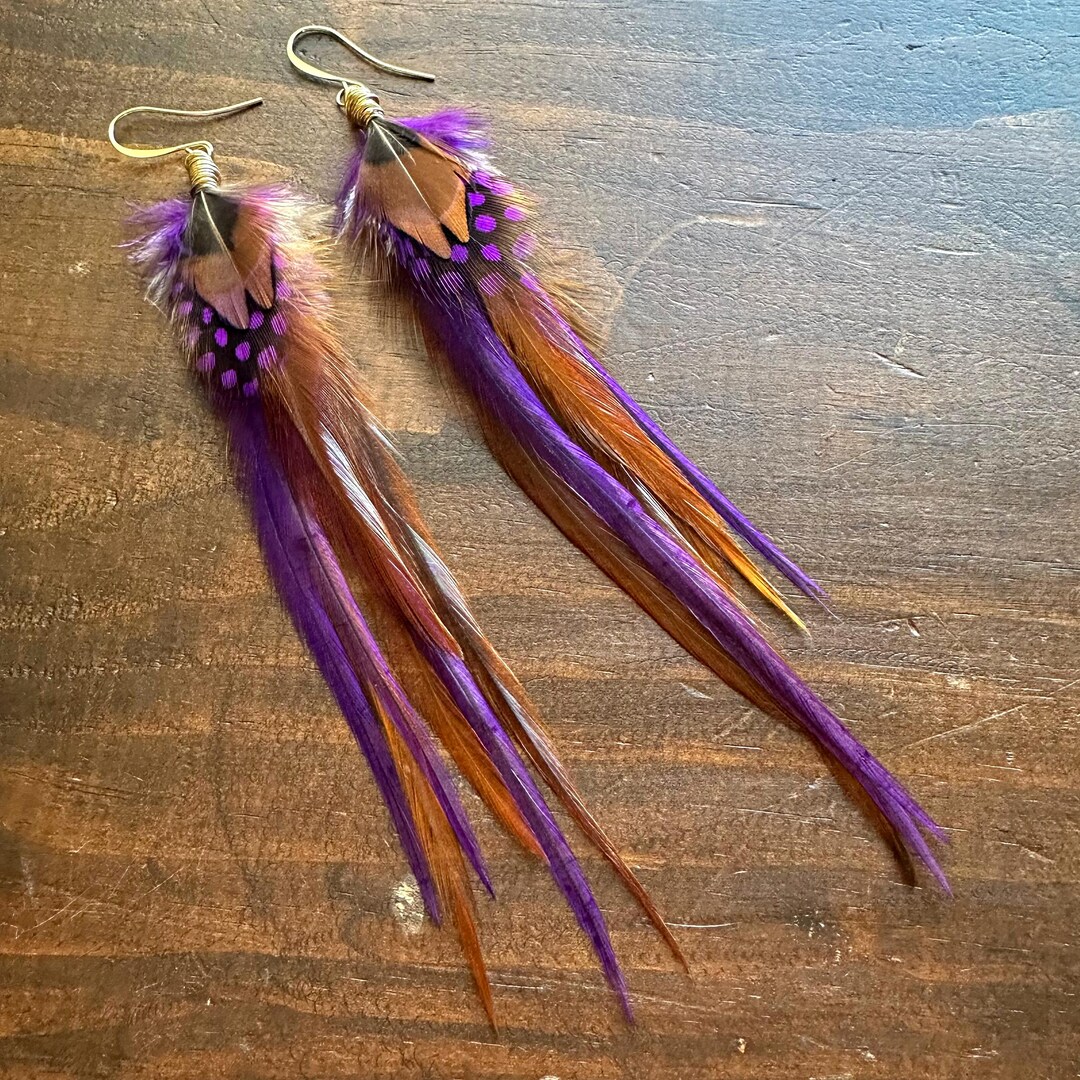 Brown and Purple Feather Earrings - Long Colorful Rooster Feather ...