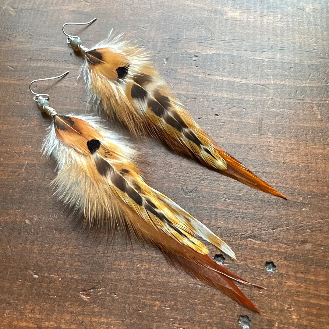 Real Feather Earrings Brown Black and Cream White Rooster and Pheasant ...
