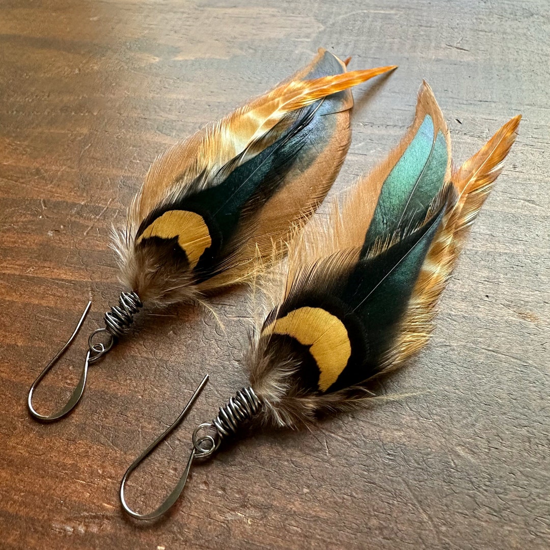 Real Feather Earrings Golden Brown and Black Rooster and Pheasant ...