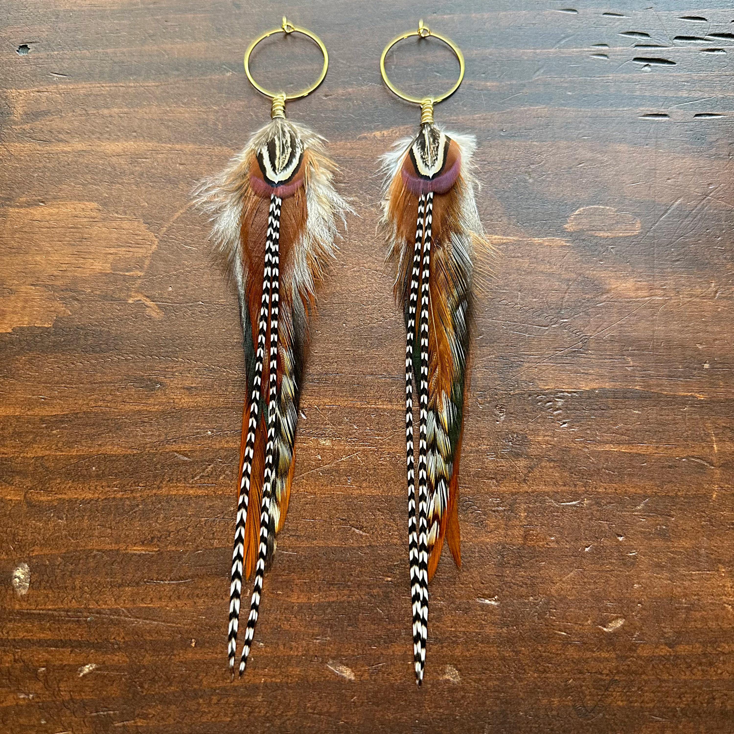 Real Feather Earrings - Black and Brown Feather Earrings on 25mm Hoops ...