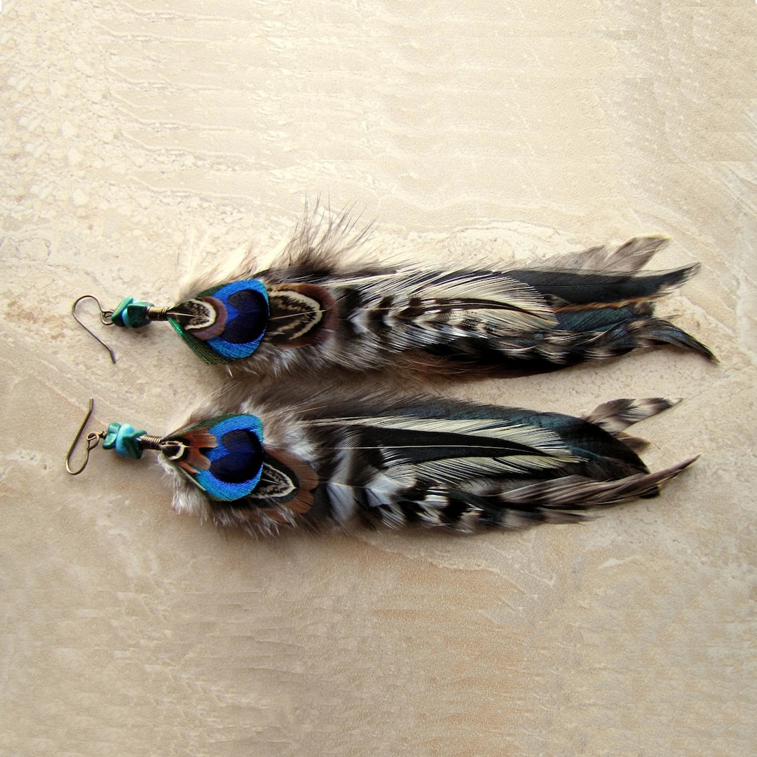 Real Feather Earrings - Peacock and Rooster Feather Earrings - Long ...
