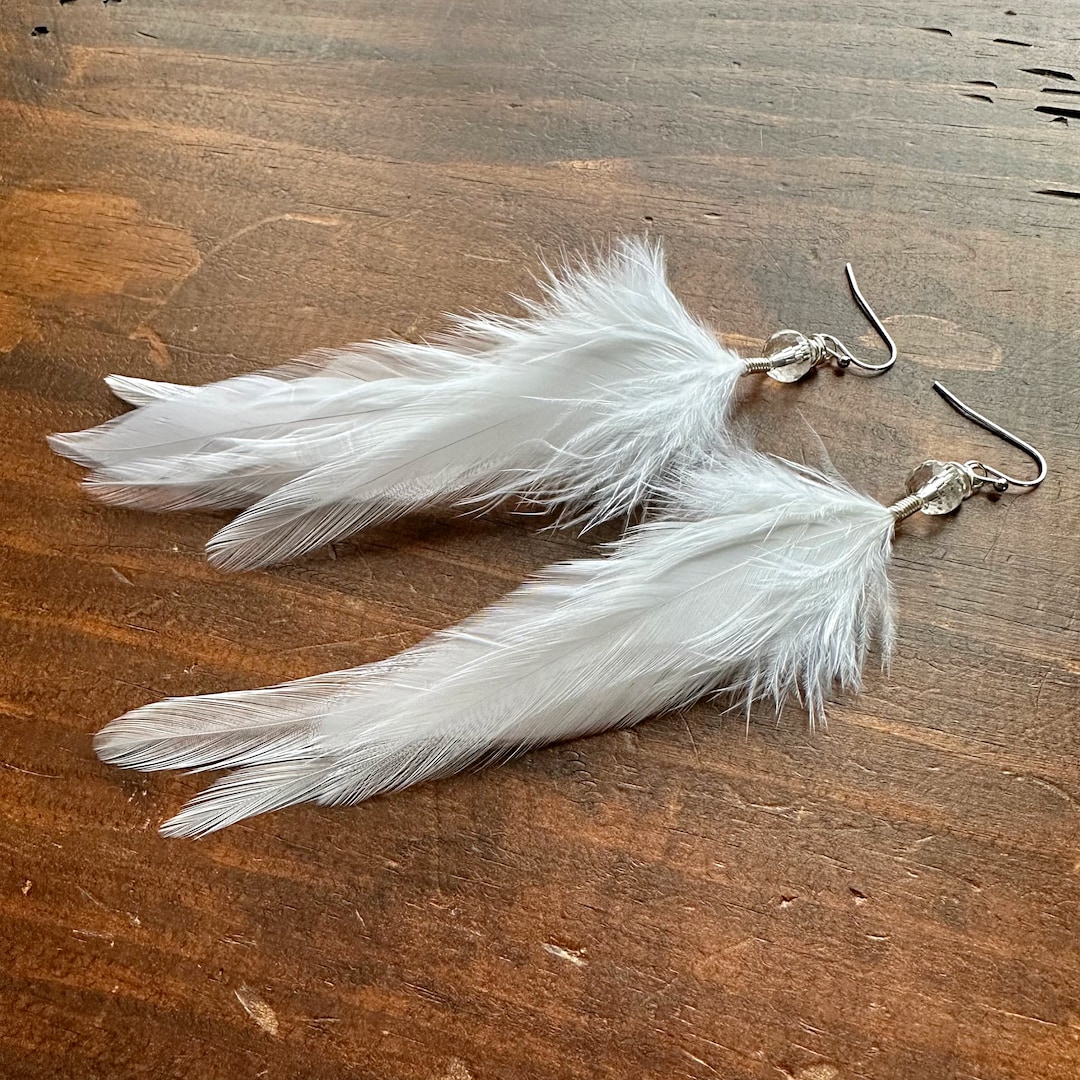 White Feather Earrings - Long Rooster Feather Earrings - Beaded White ...
