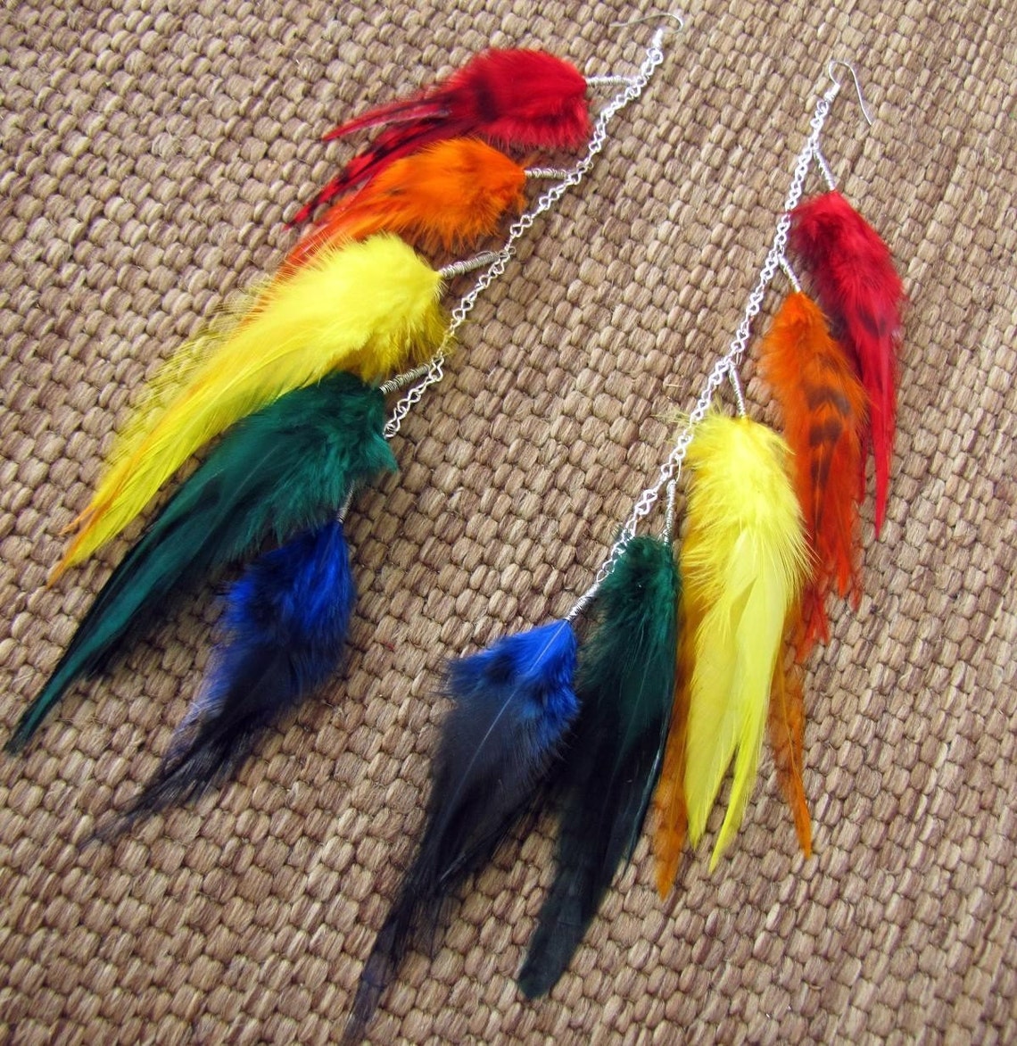 Feather Earrings - Long Colorful Rainbow Feather Earrings - Gay Pride ...