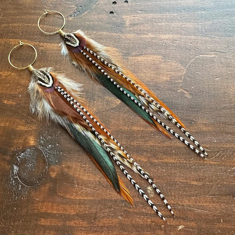 Real Feather Earrings - Black and Brown Feather Earrings on 25mm Hoops ...