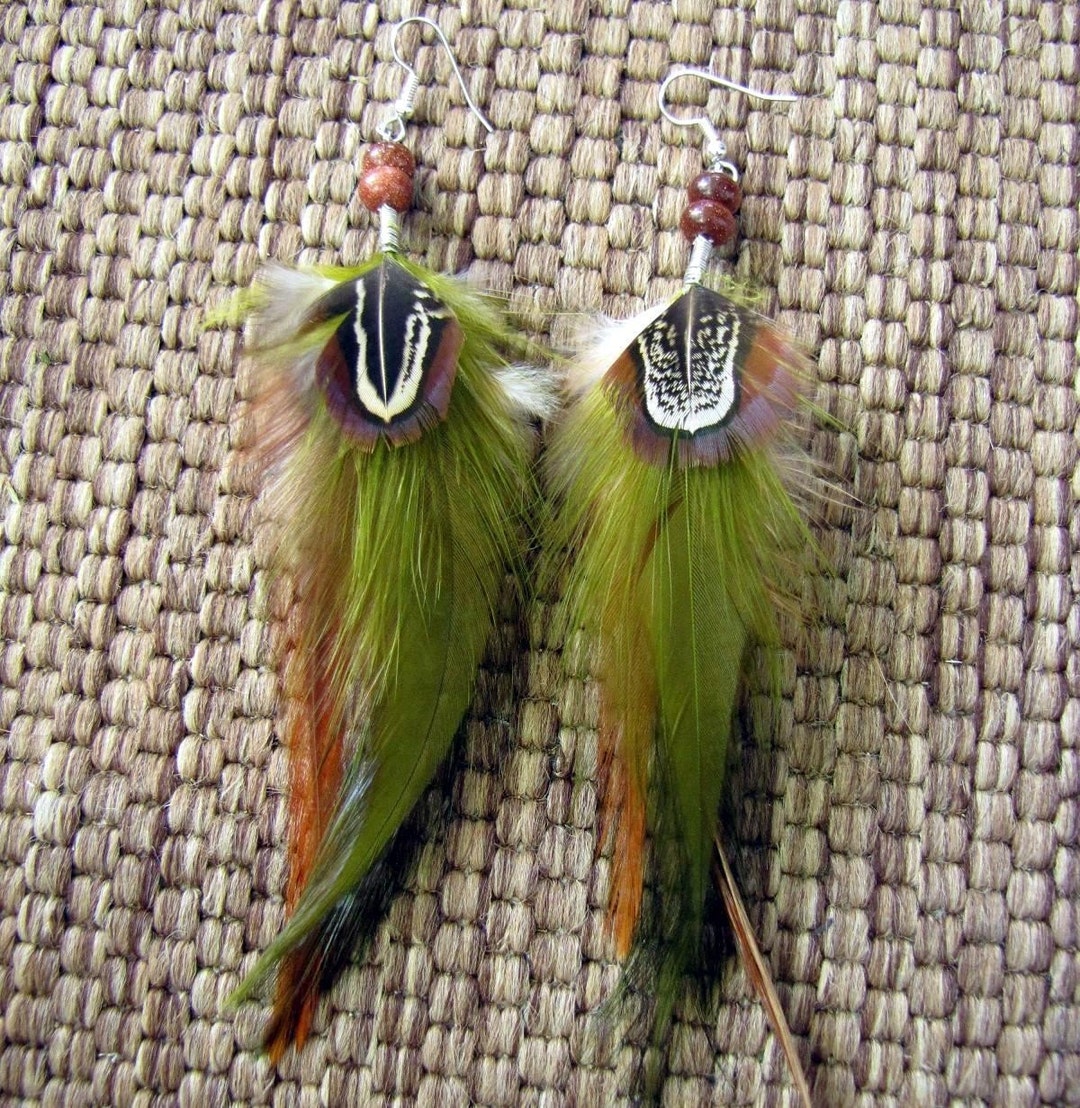Rooster Feather Earrings - Olive Green and Brown Feather Earrings ...