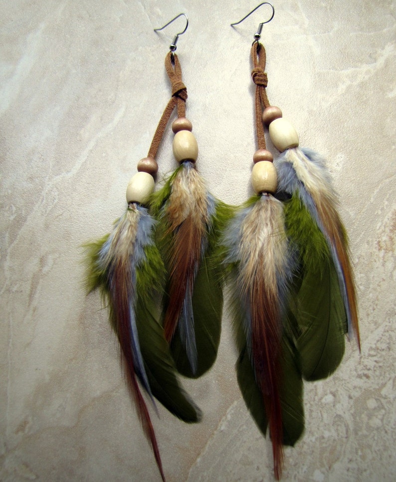Feather Earrings Olive Green Feather Earrings Long Feather | Etsy